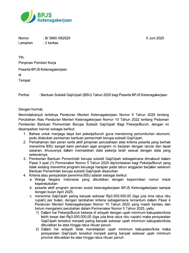 Surat Informasi BSU Kepada Pemberi Kerja | PDF