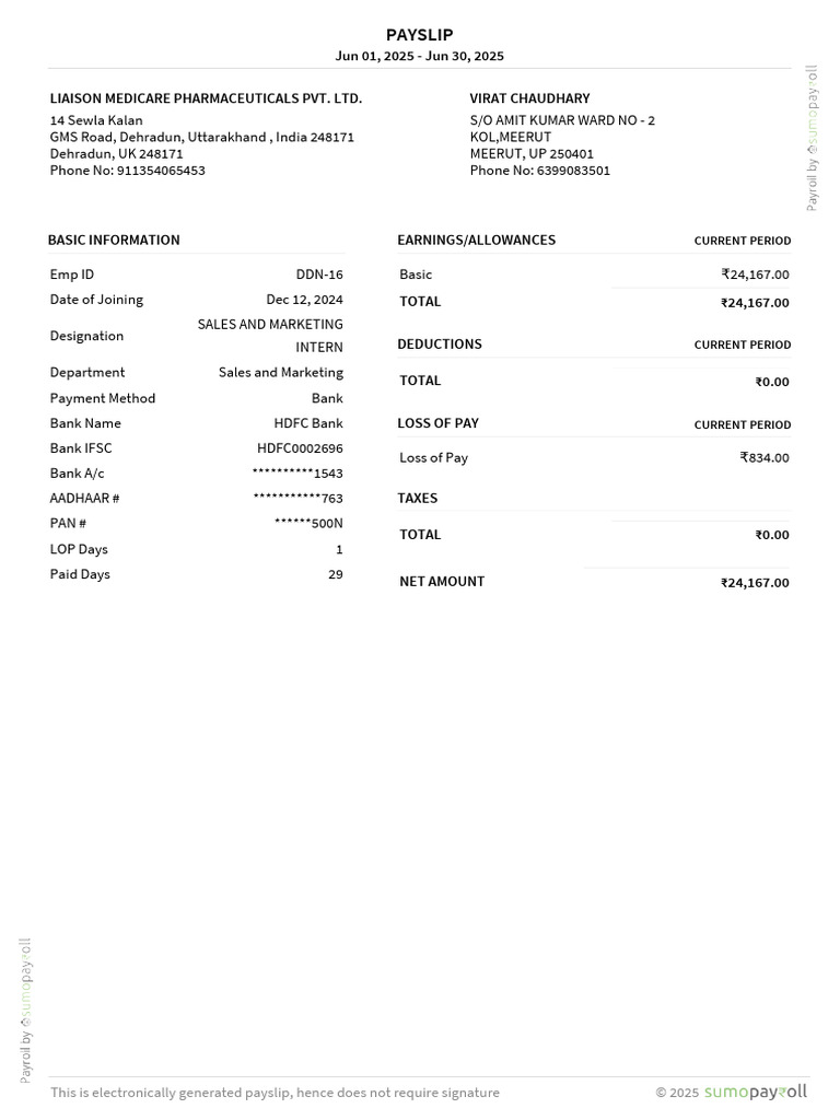 Payslip VIRATCHAUDHARY Jun-2025 | PDF