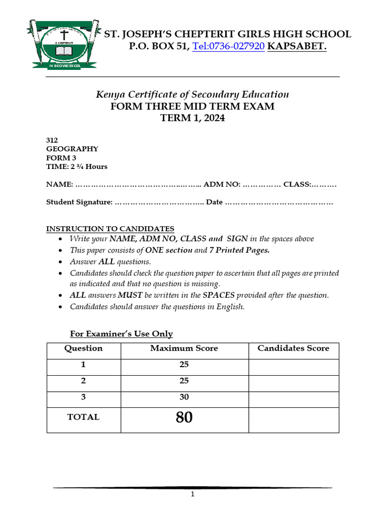 Form 3 Mid Term Geography Term 1 2024 | PDF | Climate | Nature