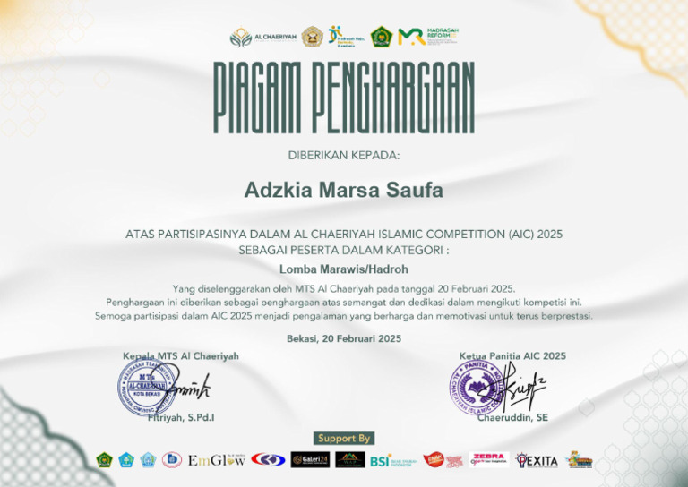 Sertifikat-Adzkia Marsa Saufa | PDF