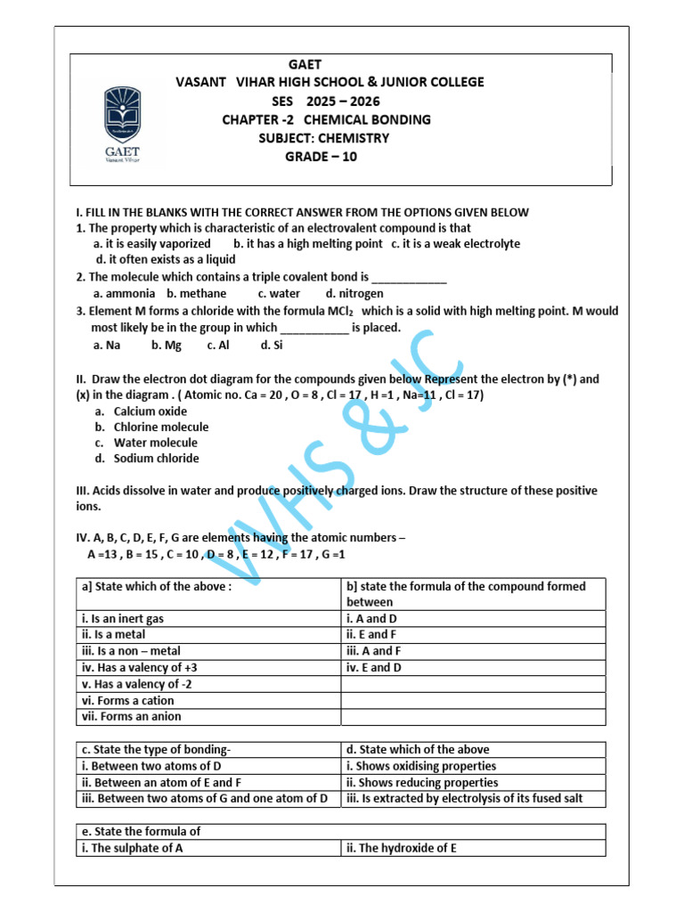 Grade 10 Chemistry: Chemical Bonding Quiz | PDF | Chemical Compounds | Ion