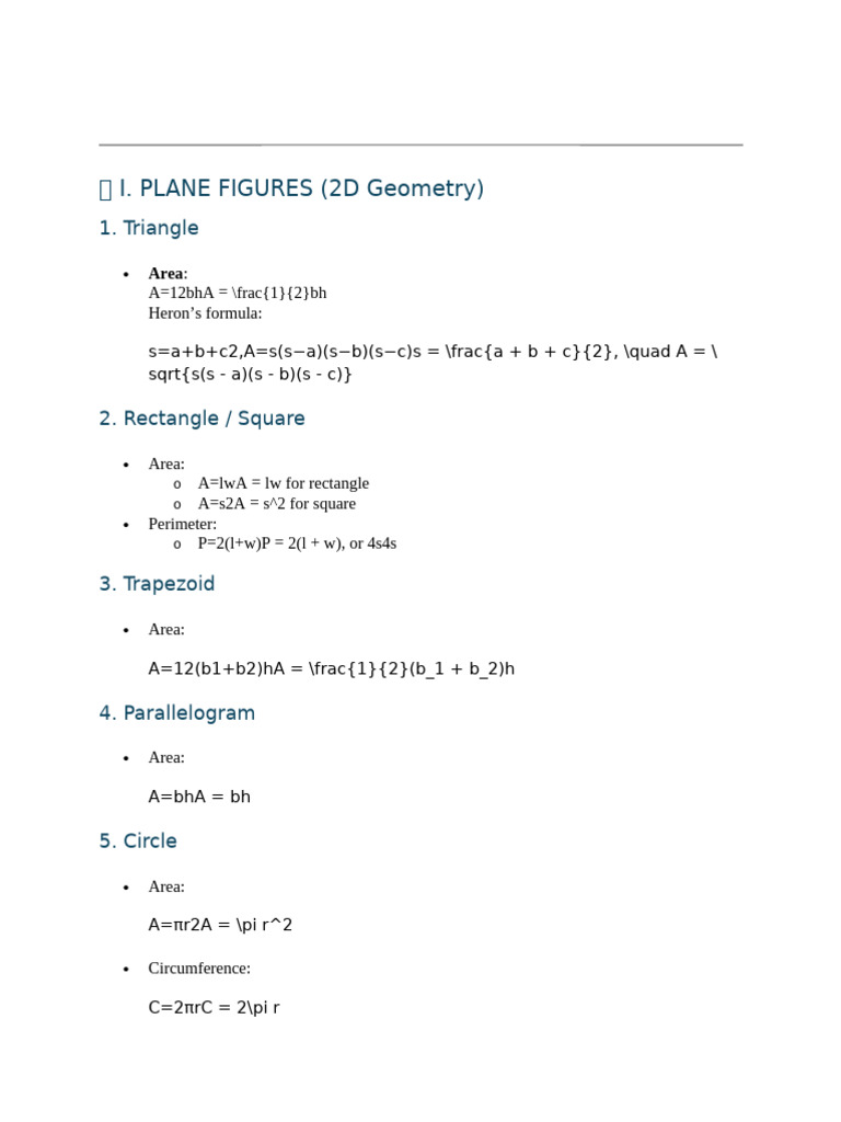Plane and Solid Geometry Formulas | PDF | Area | Sphere