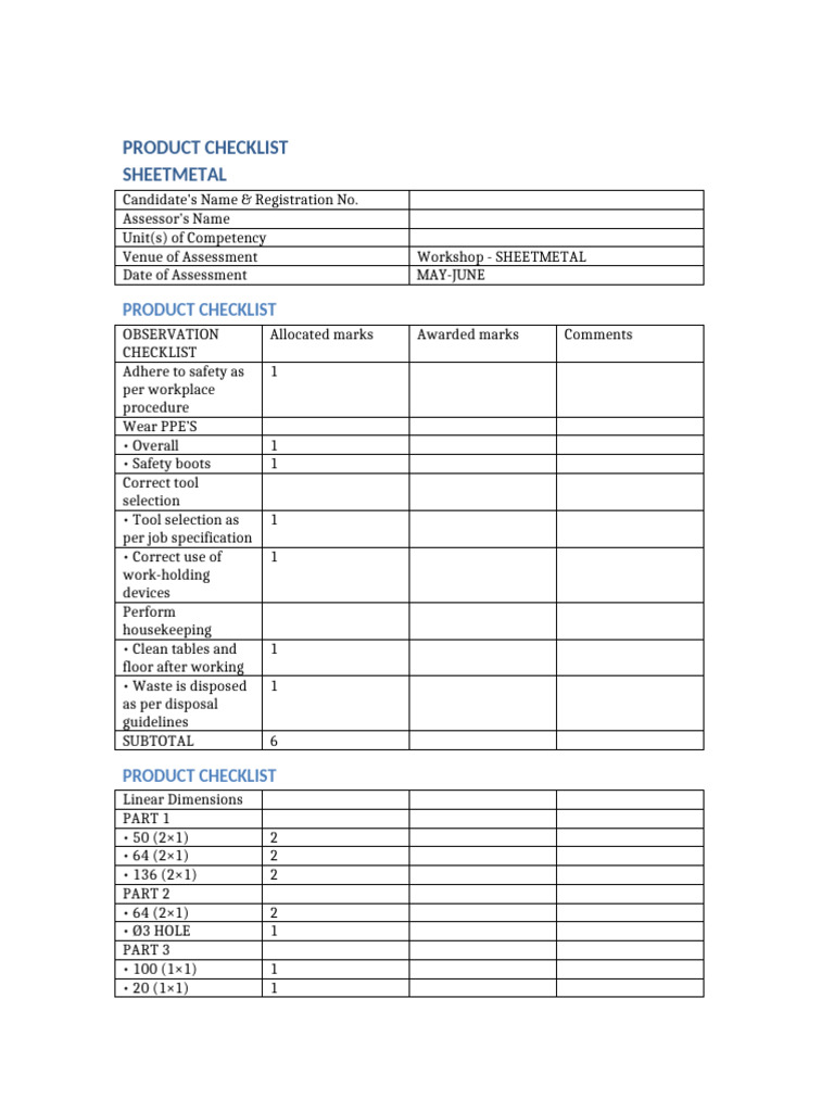 Sheet Metal Assessment Checklist | PDF