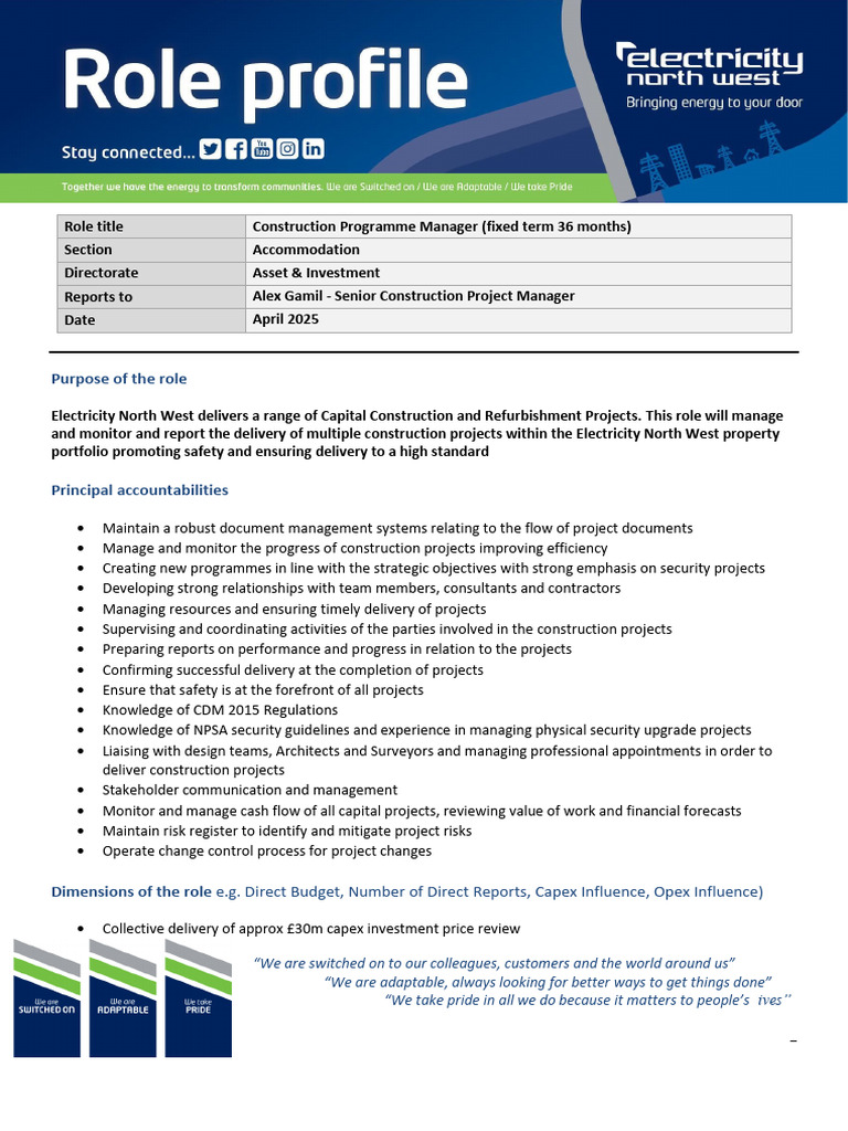 Construction Programme Manager Role Profile Apr 25 | PDF | Experience ...