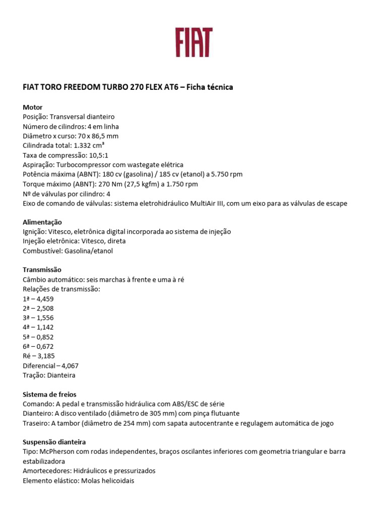 FIAT Toro Freedom Turbo 270 Flex AT6: Ficha Técnica | PDF