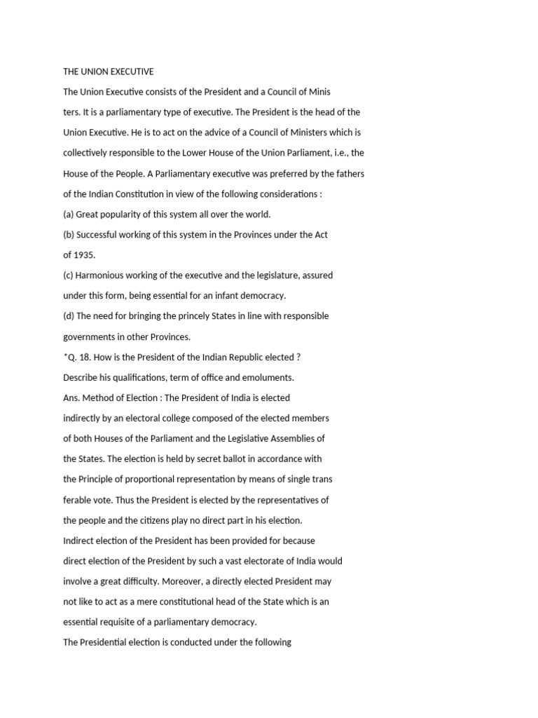 The Union Executive of India | PDF | Elections | Legislature