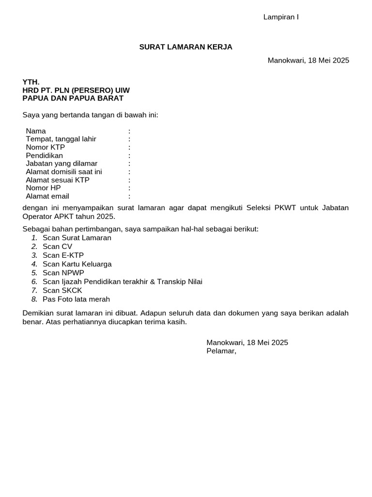 Contoh Surat Lamaran PLN | PDF