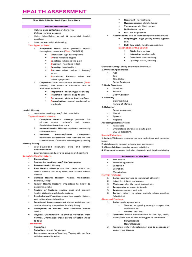 Comprehensive Health Assessment Guide | PDF | Vein | Anatomical Terms ...