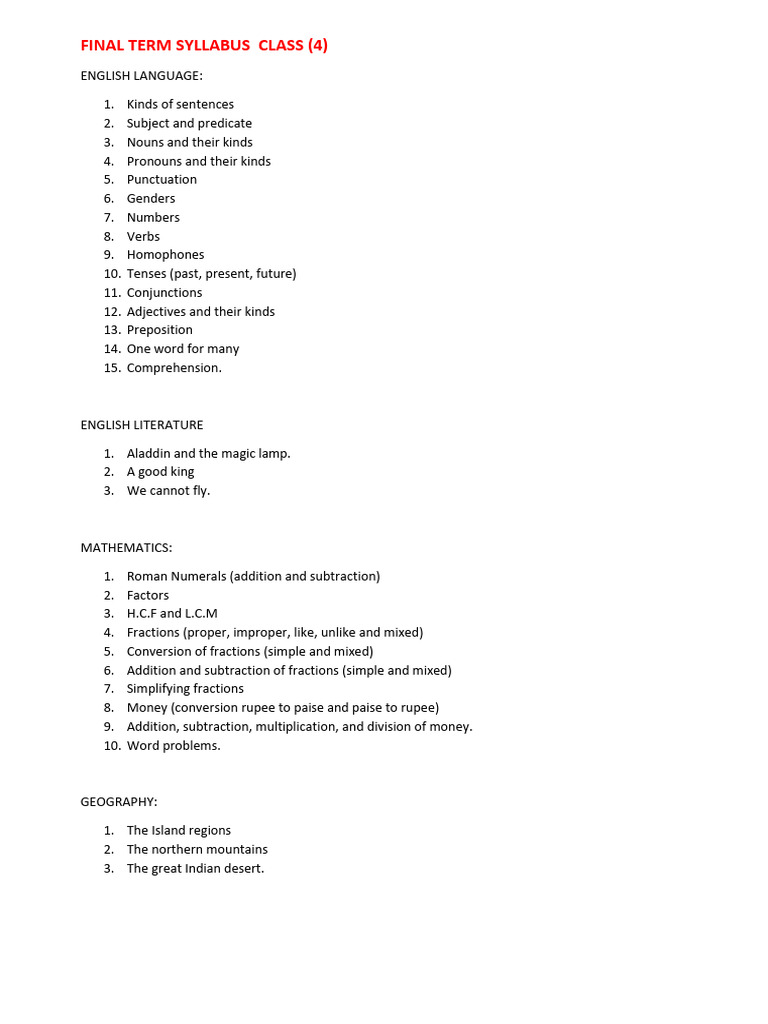 Final Term Syllabus Class IV | PDF