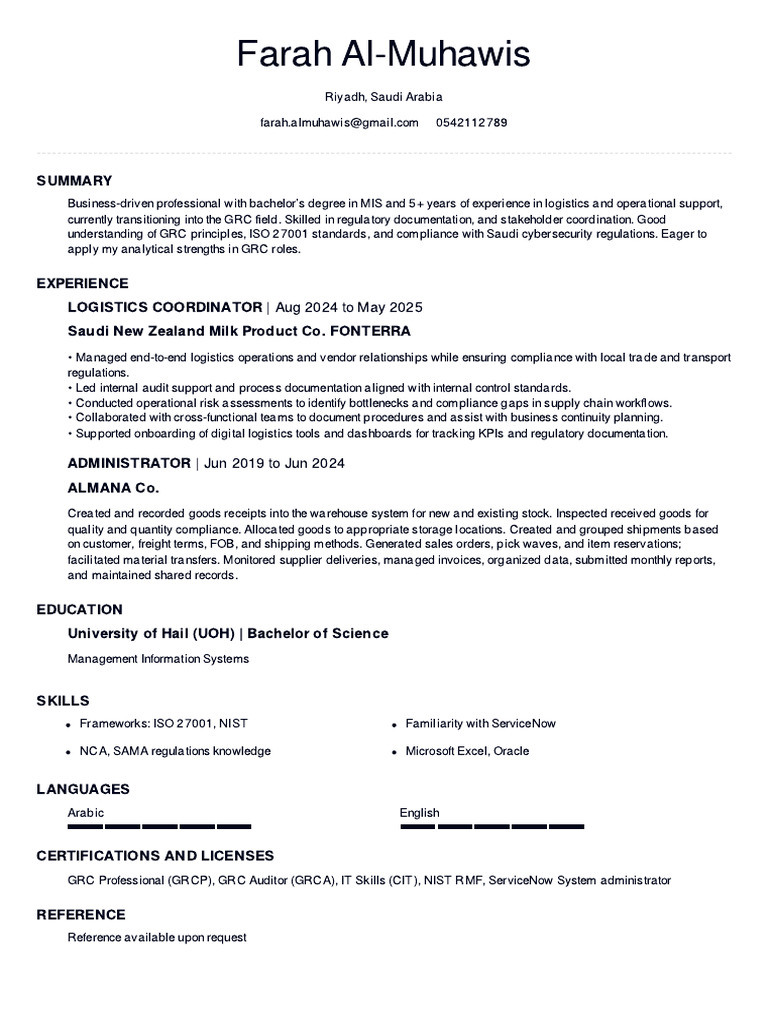 Farah Almuhawis GRC Riyadh | PDF