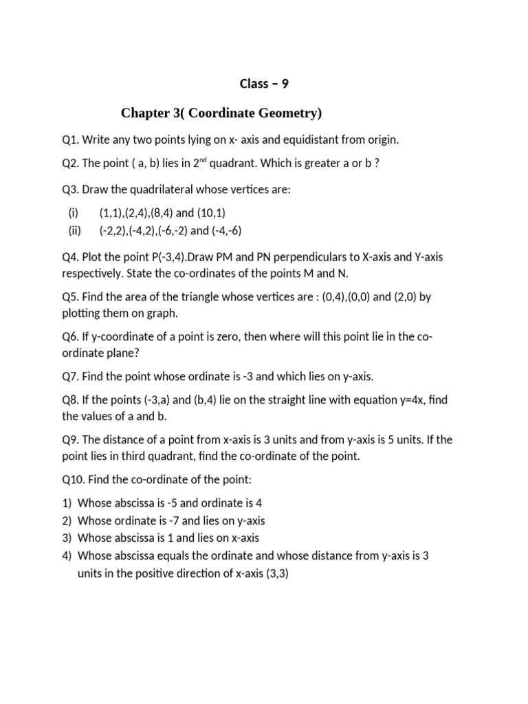 Coordinate Geometry Class 9 Exercises | PDF | Cartesian Coordinate ...