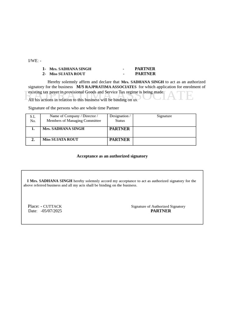 Authorized Signatory Declaration for Rajpratima Associates | PDF