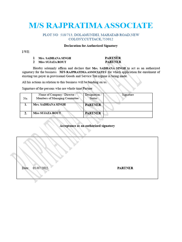 Authorized Signatory Declaration for GST | PDF