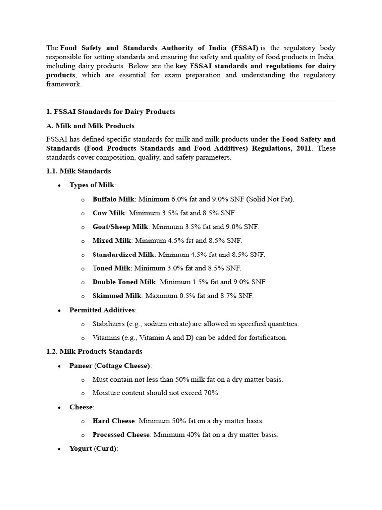 FSSAI Dairy Standards Overview 2023 | PDF | Milk | Dairy