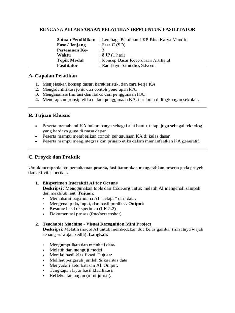 RPP Pelatihan Kecerdasan Artifisial Fase C | PDF
