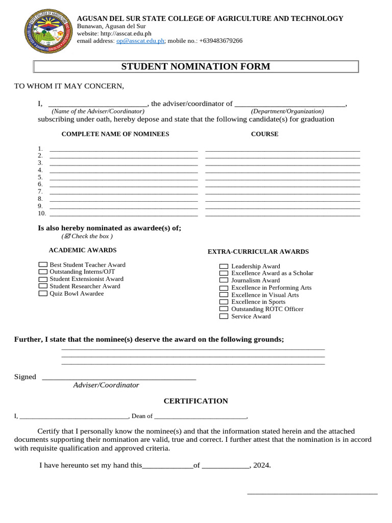 Student Nomination Form - All Graduating Students | PDF | Chess Theory ...