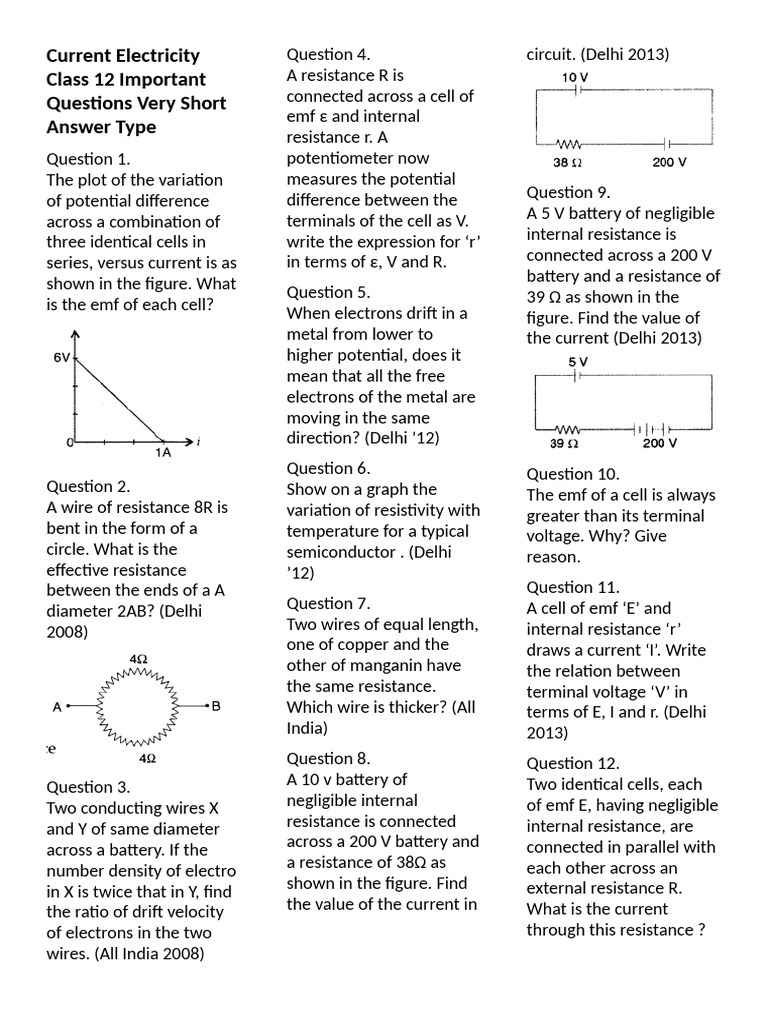 Class 12 Current Electricity Q&A Guide | PDF | Electric Current ...