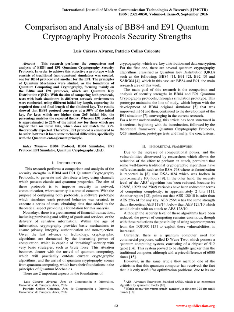 Comparison and Analysis of BB84 and E91 Quantum | PDF | Quantum Computing | Key (Cryptography)