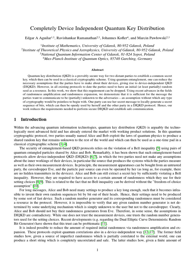 Completely Device Independent Quantum Key Distribution | PDF | Applied Mathematics | Theoretical ...