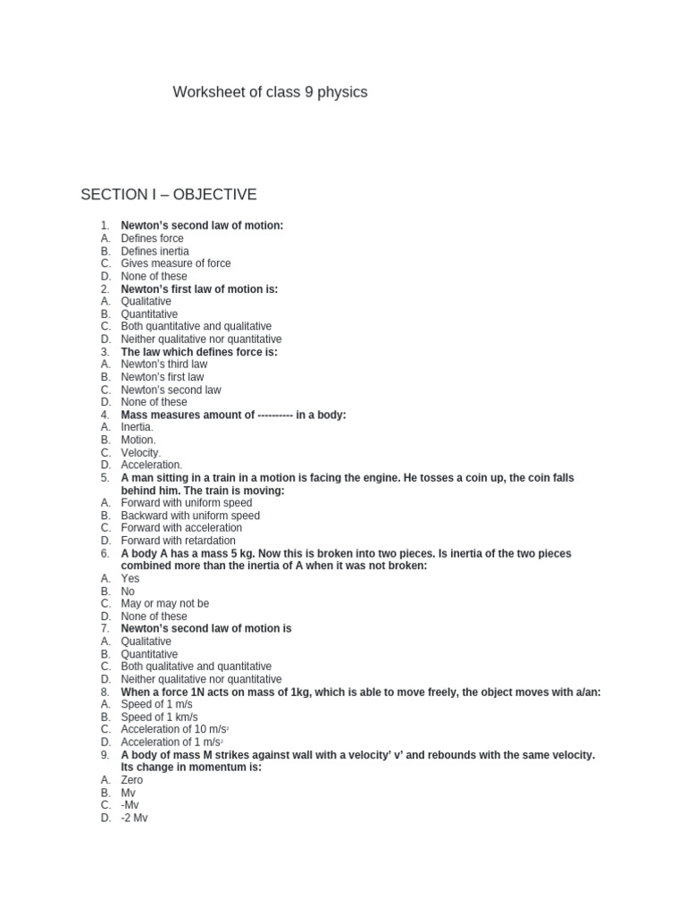 Class 9 Physics: Force & Motion Worksheet | PDF | Force | Newton's Laws ...