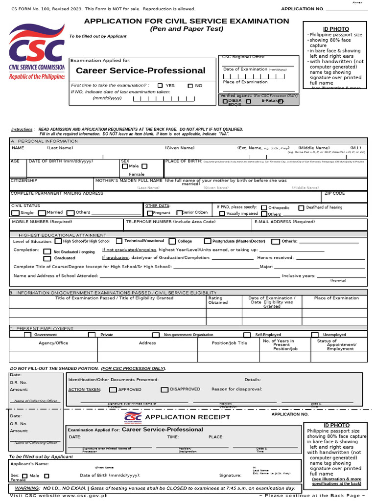 Annex A1 CS Form 100 Revised 2023 CSEP A1 Edited A1 | PDF | Identity Document