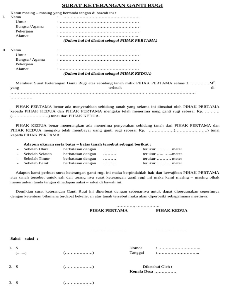 Surat Keterangan Ganti Rugi Tanah | PDF
