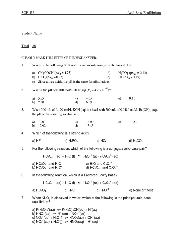 Acid-Base Equilibrium MCQ Practice | PDF | Ph | Acid