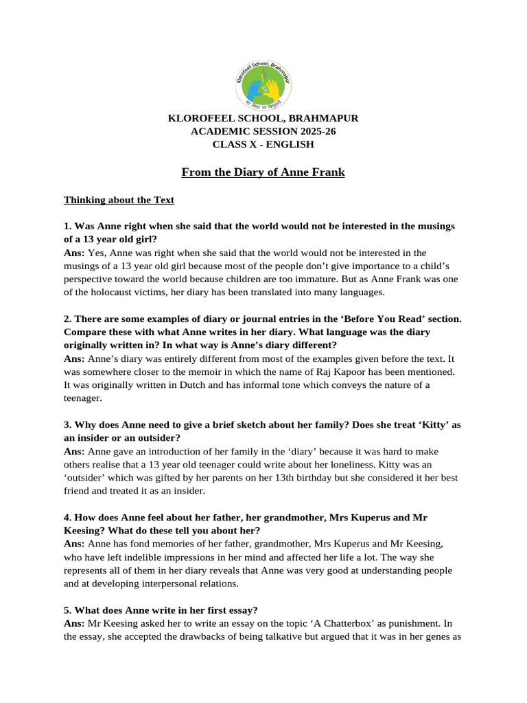 Class X English: Anne Frank Diary Analysis | PDF | Anne Frank