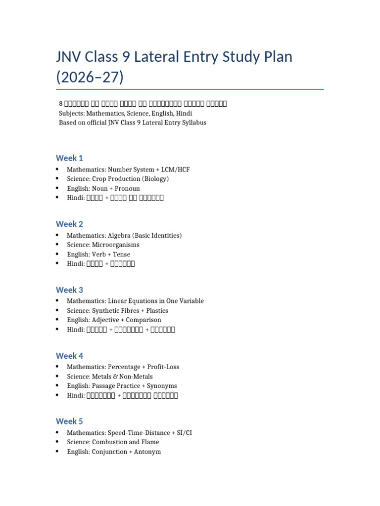 JNV Class9 8 Week StudyPlan 2026 | PDF
