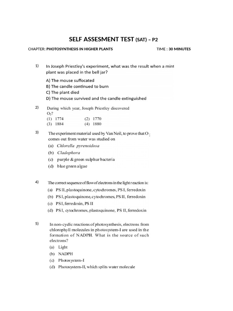 Self Assesment Test p1 Photosynthesis | PDF