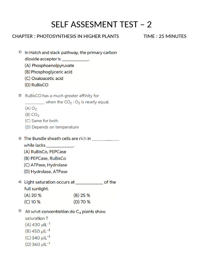 Photosynthesis Quiz Assessment | PDF