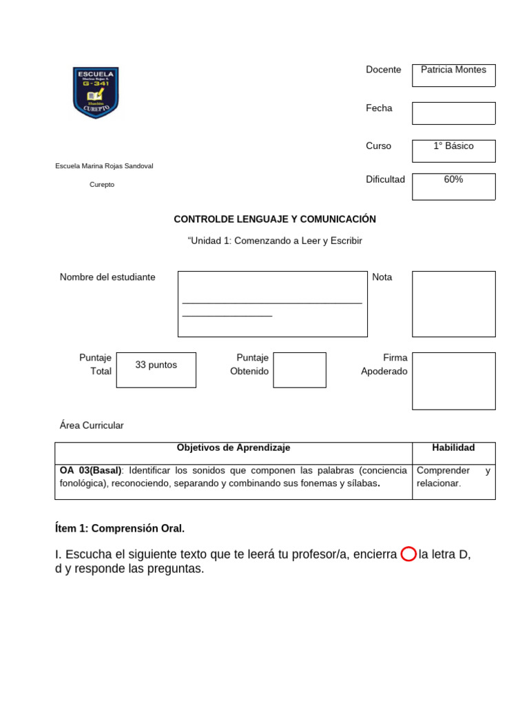 Control Lenguaje - 1° Básico Letras S, D, T, V | PDF