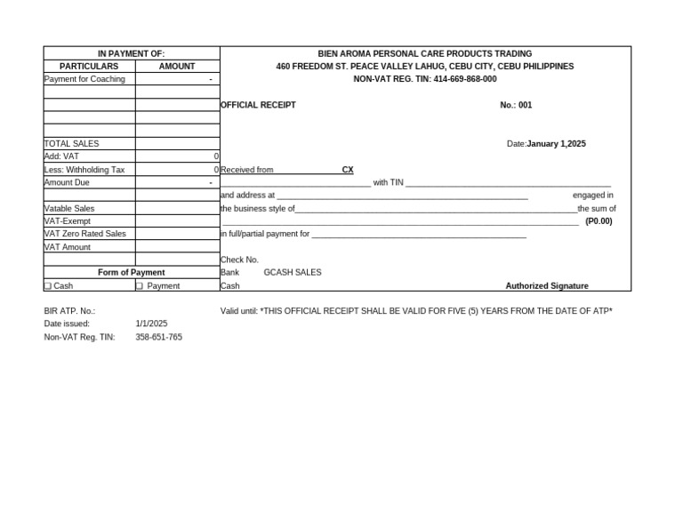 Official Receipt Sample for Payment | PDF