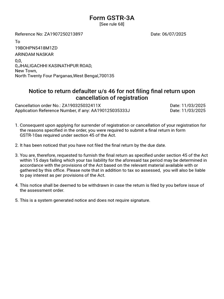 Notice to Arindam Naskar: GSTR-3A Filing | PDF