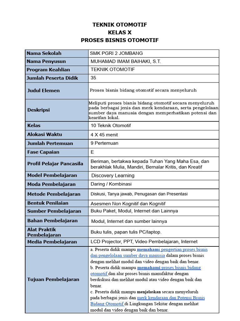 MODUL AJAR KELAS X Proses Bisnis Bidang Otomotif Secara Menyeluruh | PDF