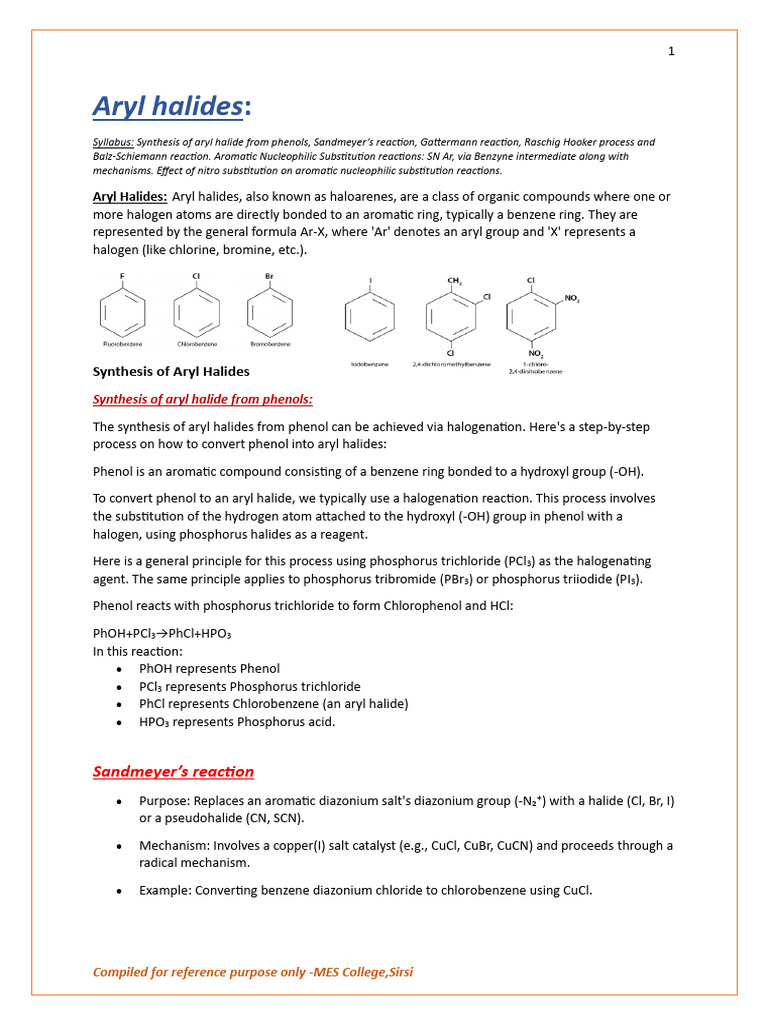 Synthesis and Reactions of Aryl Halides | PDF | Unit Processes | Molecules