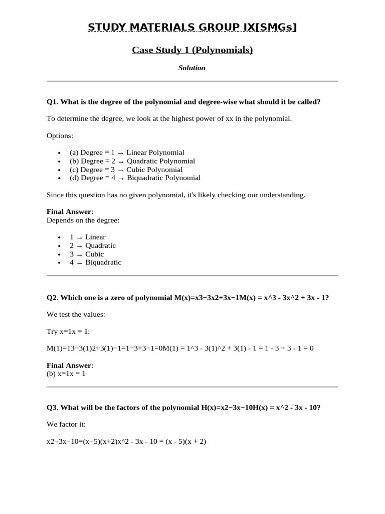 Case Study on Polynomials for Class 9 | PDF | Polynomial ...