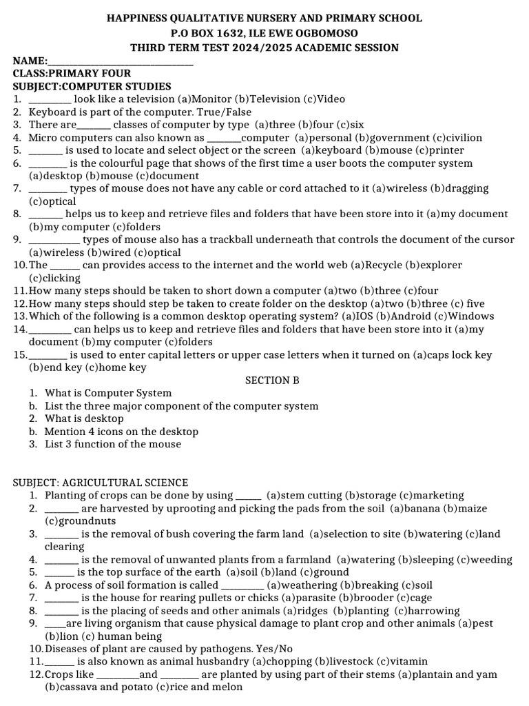 Class 1 Primary School Test Paper | PDF | Computer Keyboard | Disciple ...