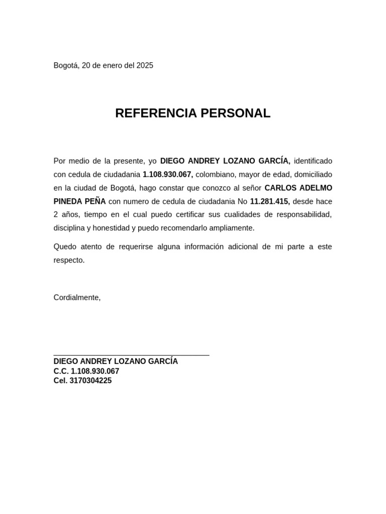 Modelo Referecia Personal - Bogotá Colombia | PDF