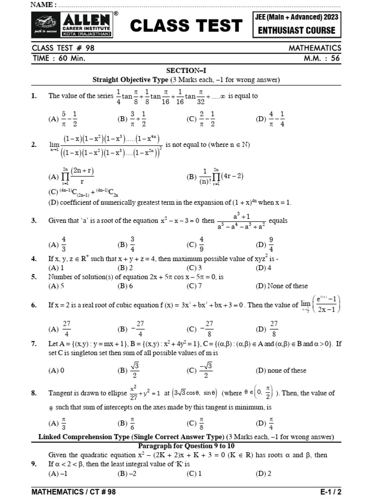 98 Class Test (E-TMAS) Student | PDF | Algebra | Elementary Mathematics