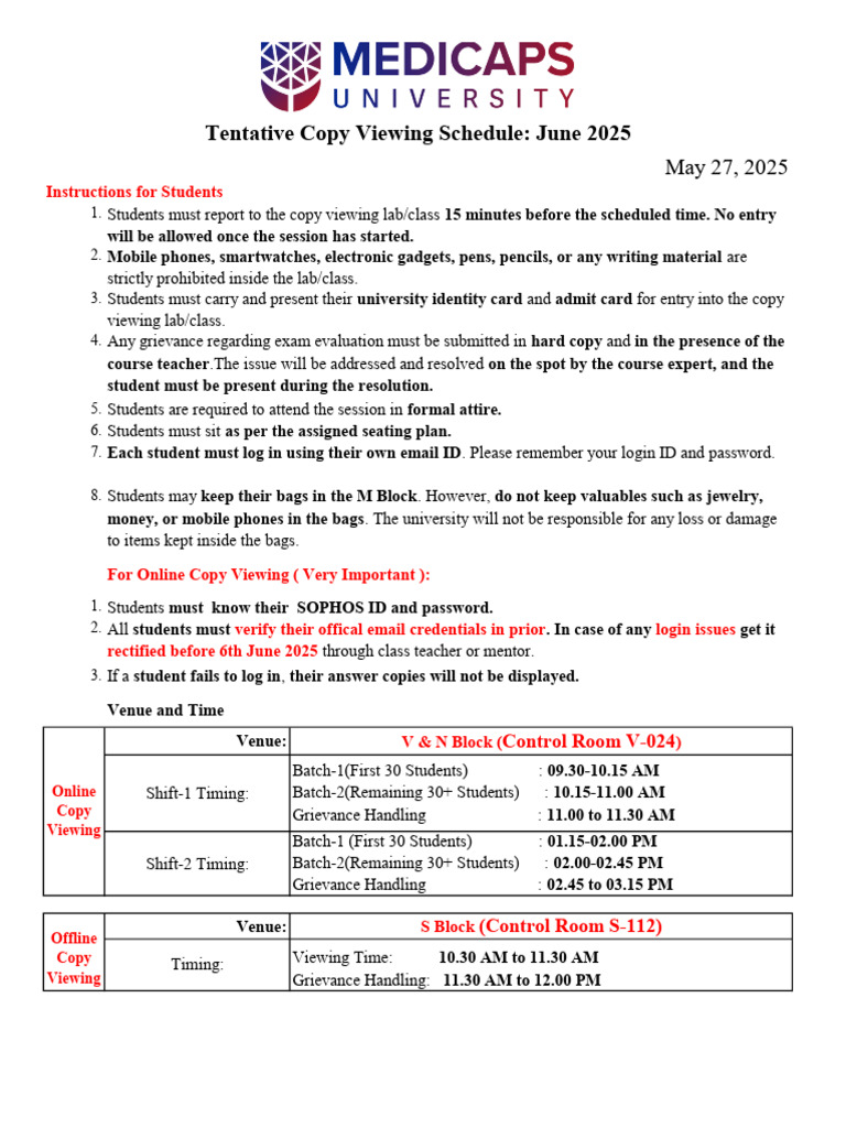 Revised Tentative Copy Viewing Schedule June 2025 Students | PDF ...