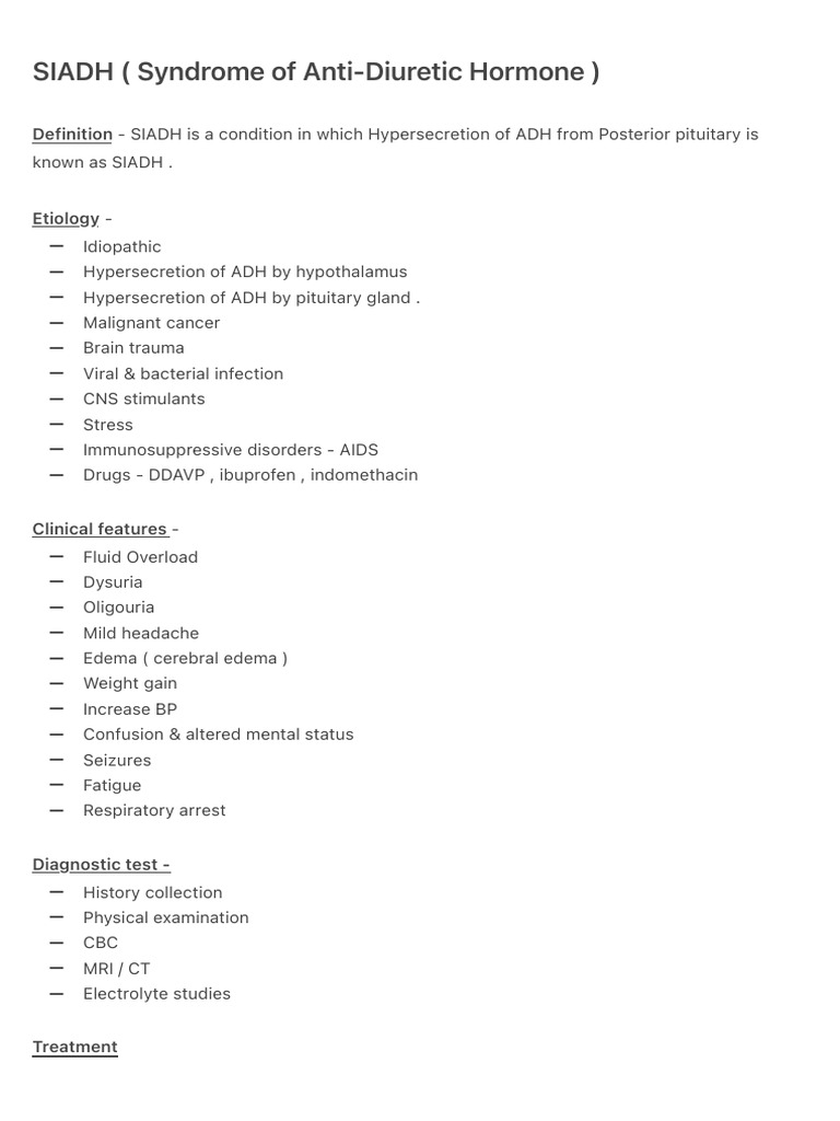 SIADH (Syndrome of Anti-Diuretic Hormone) | PDF