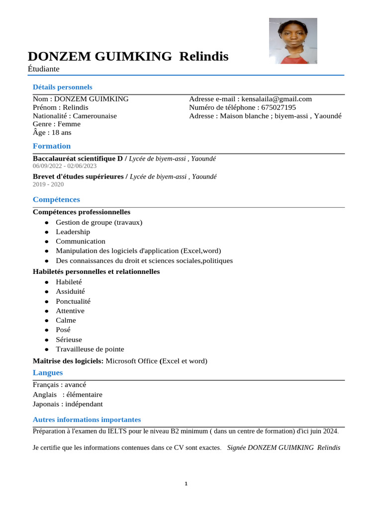 CV de Relindis Donzem Guimking | PDF
