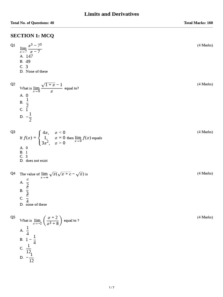 Section 1: MCQ: Limits and Derivatives | PDF | Mathematics | Mathematical Objects