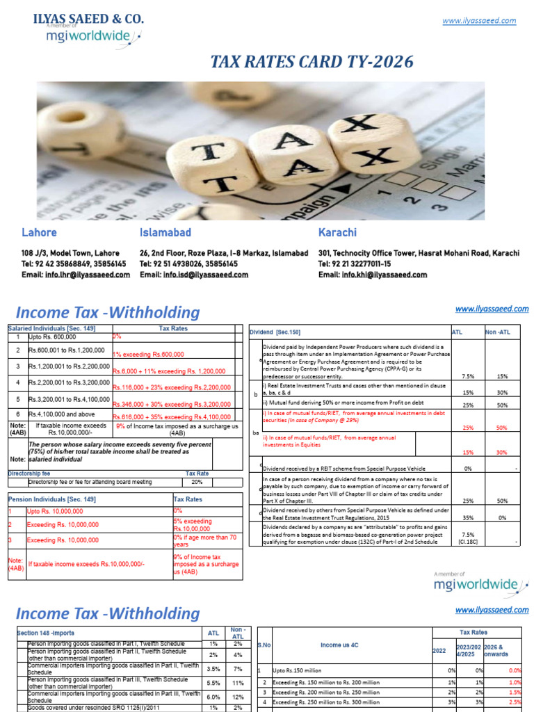 Tax Rates Card for 2026 in Pakistan | PDF | Taxes | Dividend