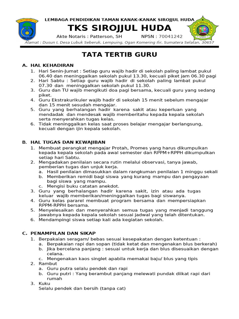 Tata Tertib Guru TKS Sirojjul Huda | PDF