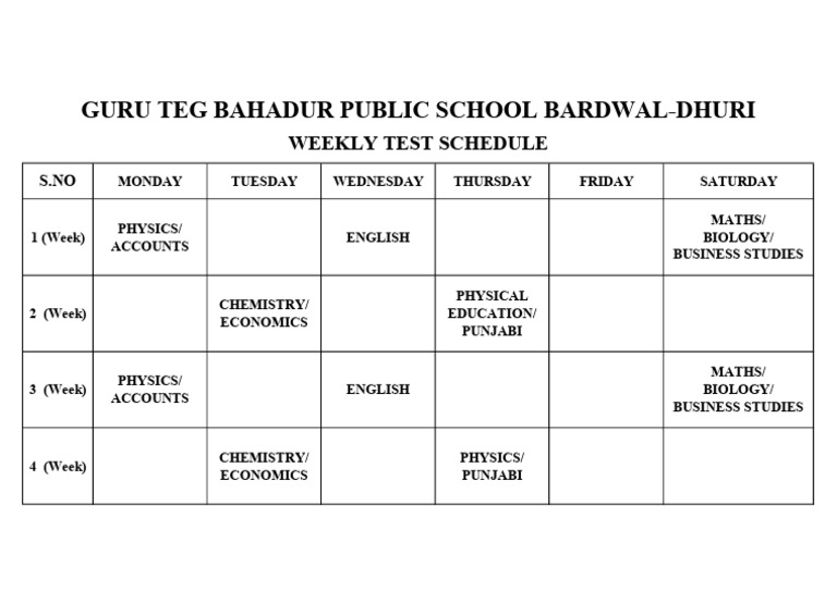 Weekly Test Schedule Pdf