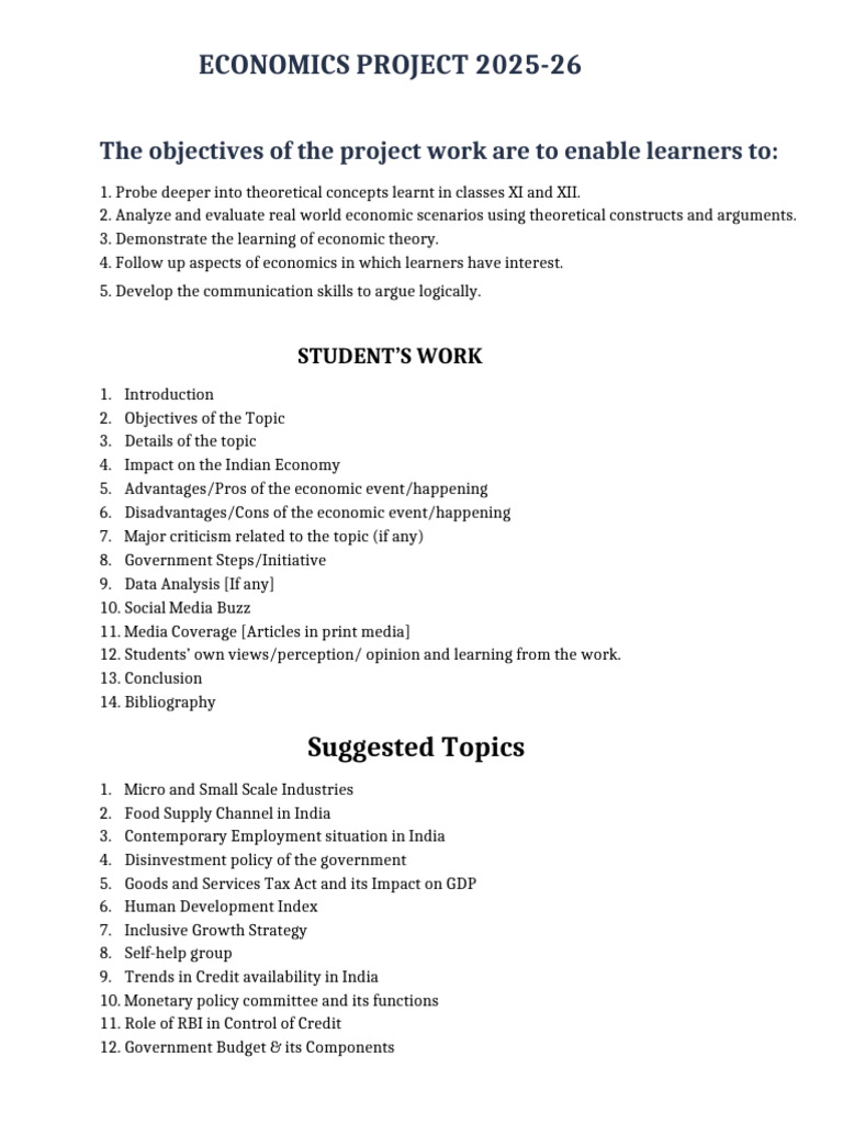 Economics Project Topics 2025-26 | PDF | Economics | Economy Of India
