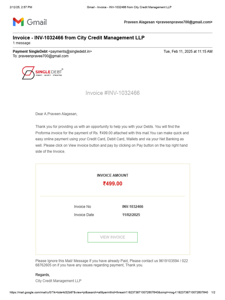 INVOICE-1032466 From City Credit Management LLP | PDF