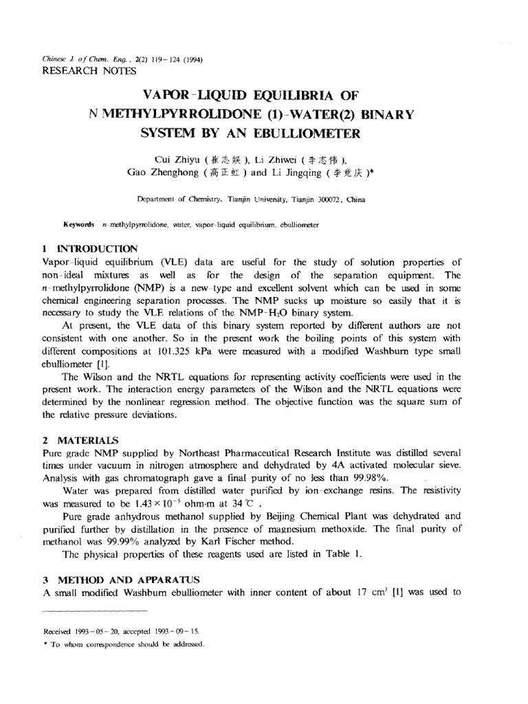Vapor-Liquid Equilibria of N Methylpyrrolidone (1) - Water (2) Binary System by An Ebulliometer ...